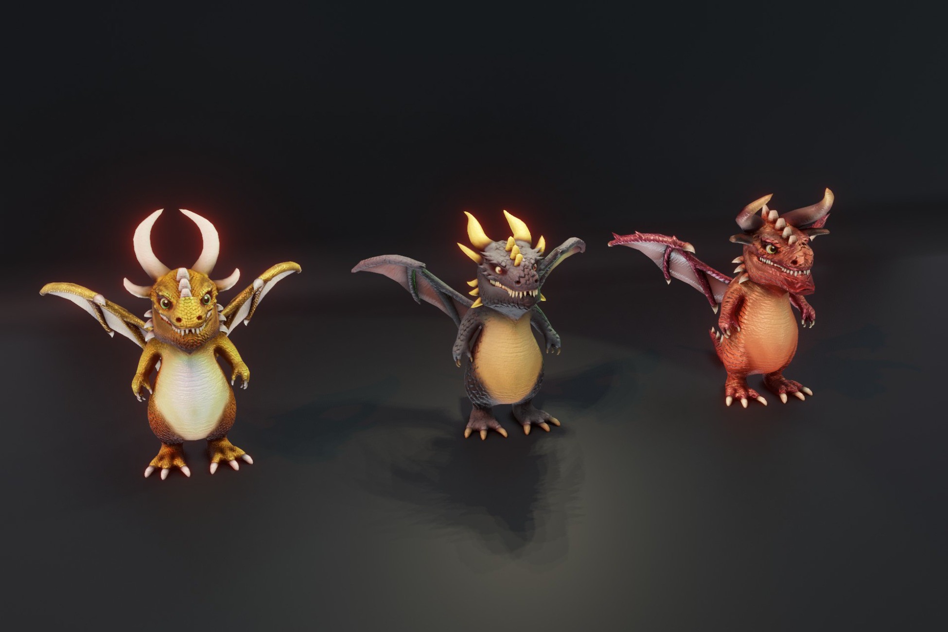 Cartoon Dragons: Black Dragon & Gold Dragon & Crystal Dragon 3D Model | 3D Creatures | Unity ...