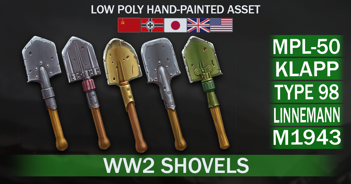 Hand-Painted WW2 Shovels | 3D Weapons | Unity Asset Store