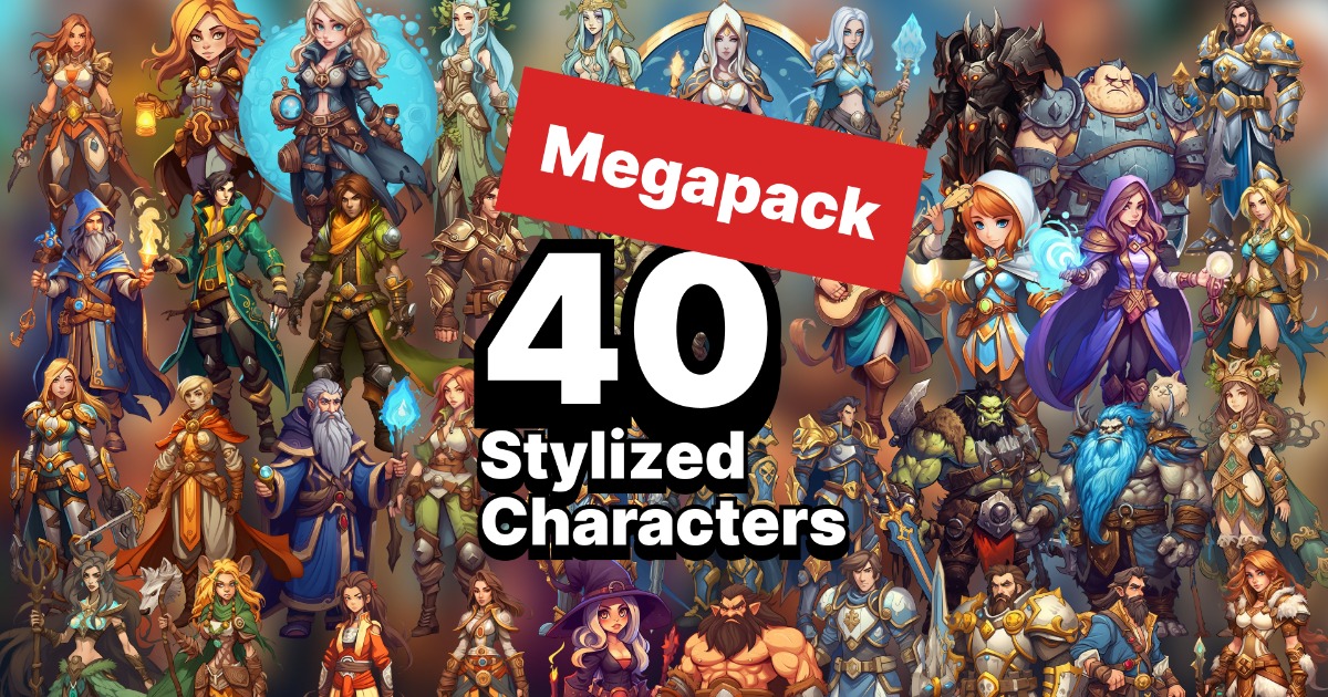 40 unique fantasy cartoon stylized male and female characters in drawn ...