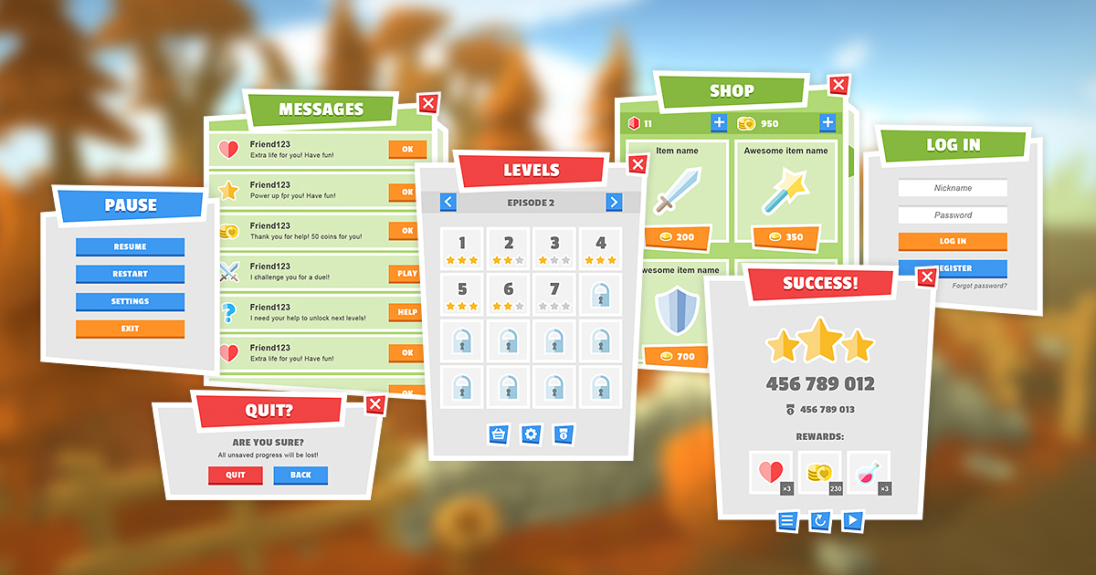 Funny, clean cartoon GU / UI kit - over 180 PNG files! | 2D GUI | Unity ...