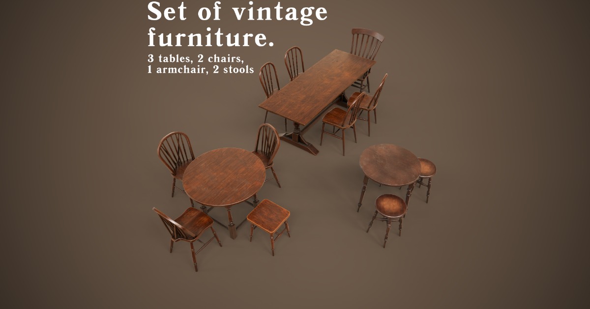Set of vintage tables and chairs | 3D Furniture | Unity Asset Store