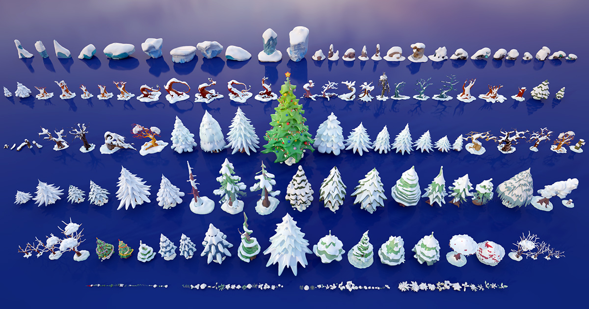 Stylized Snow-Covered Winter Nature LowPoly 3D Pack (bush, tree, stone ...