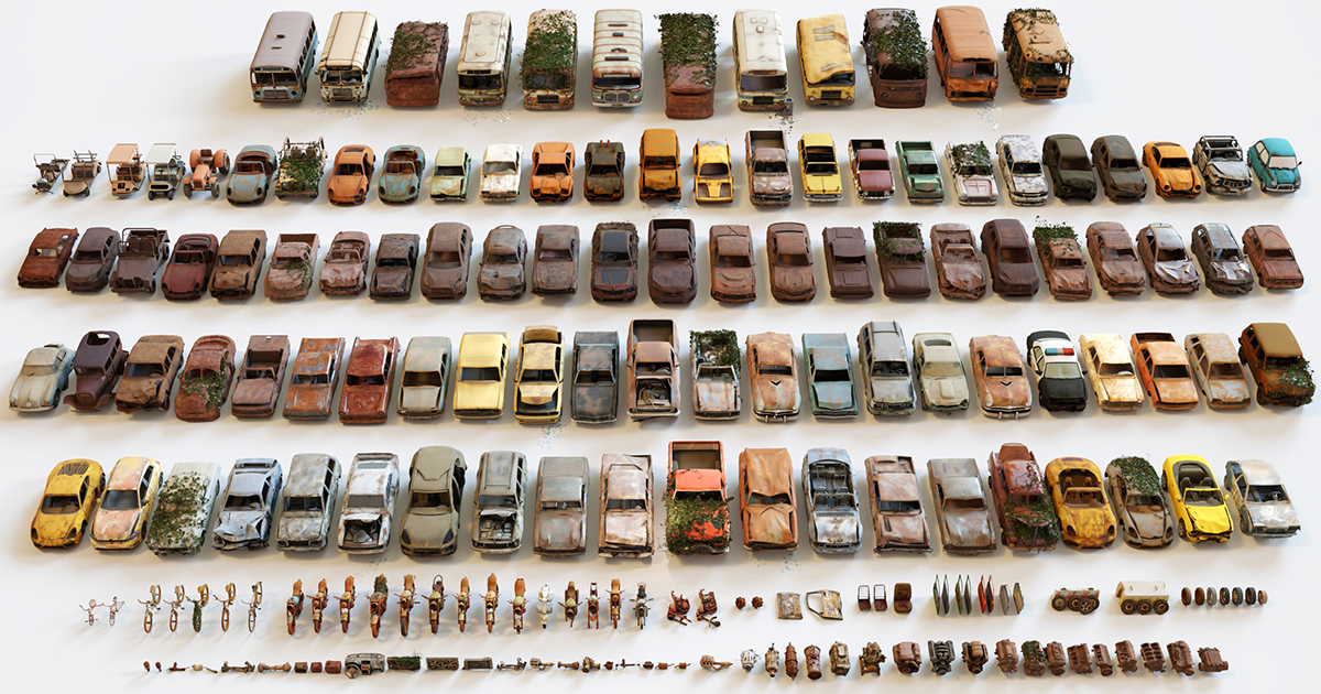 Old Abandoned Junk Rusty Vehicles 3d Game Ready Set (Car, Bus ...