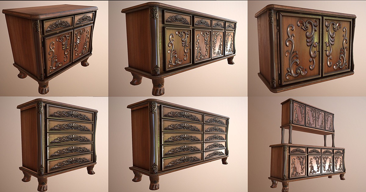 Carved Wooden Cabinet And Dresser Pack - BananaMonkey | 3D Furniture ...