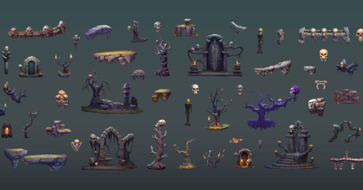 Animated 2D Skulls and bones cartoon stylized cemetery platformer vol.4 | 2D Environments ...