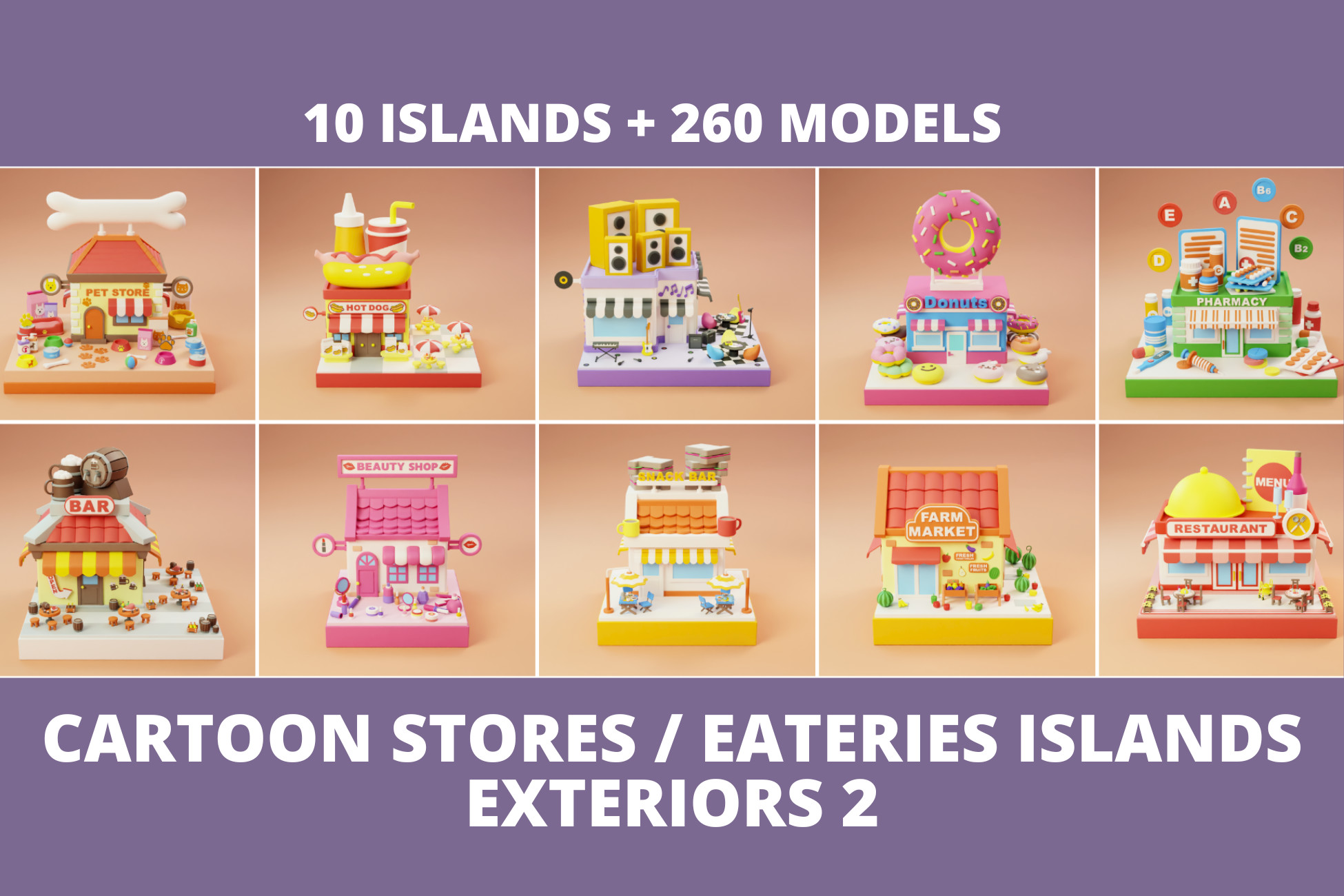 Cartoon Stores / Eateries Islands Exteriors 2 | 3D Exterior | Unity ...