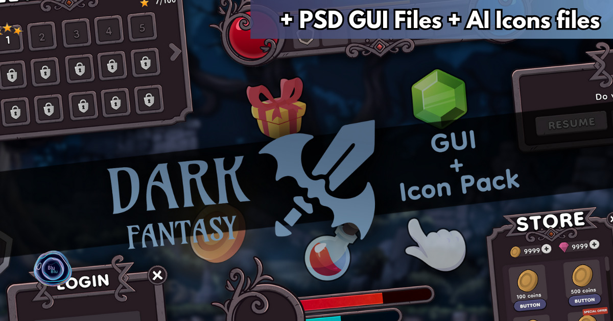 Dark Fantasy GUI + Icons Bundle + PSD GUI files + AI Icons files | 2D ...