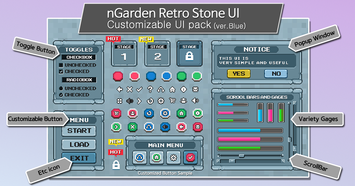nGarden Retro Stone UI (Blue) | 2D GUI | Unity Asset Store