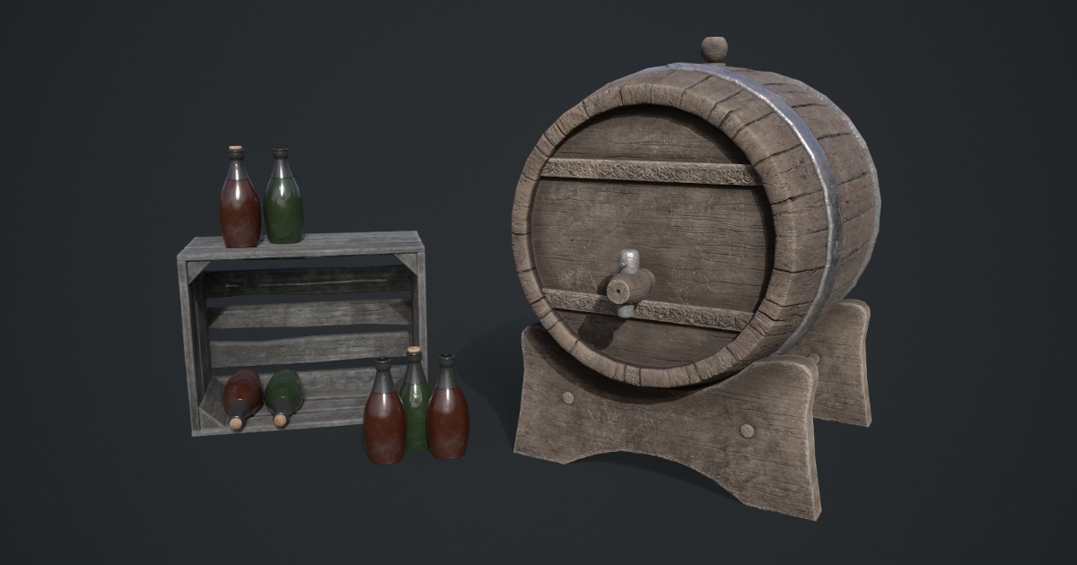 Wine Barrel with Bottles | 3D Interior | Unity Asset Store
