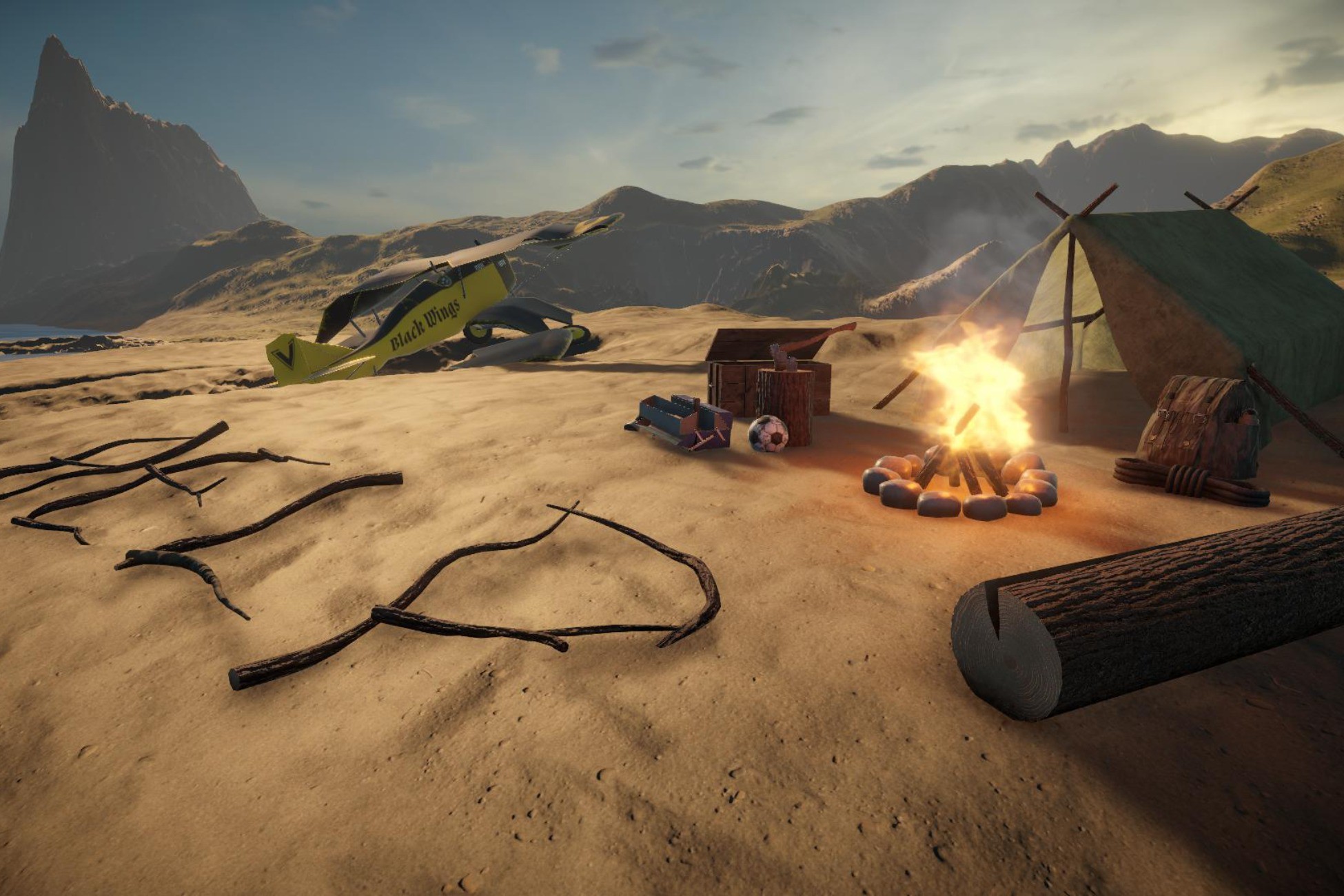 HQ Survival Kit -Lost Island with Plane, Crashed plane, Tent, Fireplace, Tools | 3D Exterior ...