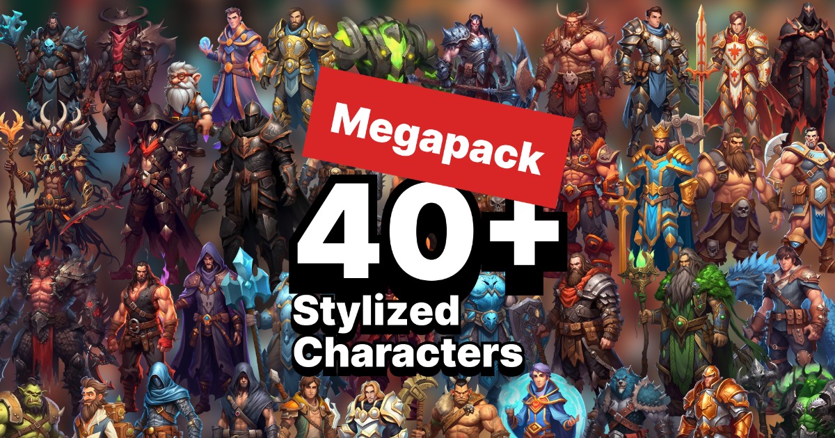 41 unique fantasy cartoon stylized male characters in full body drawn ...