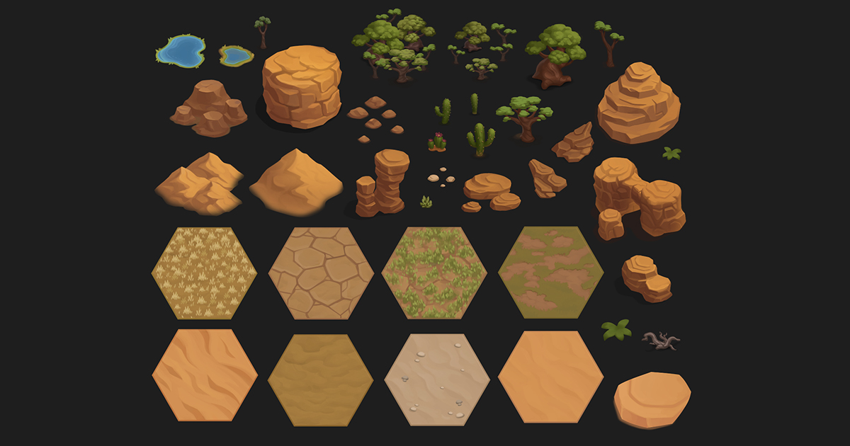 Stylized Hex Desert Map Tile set with Objects | 2D Textures & Materials | Unity Asset Store