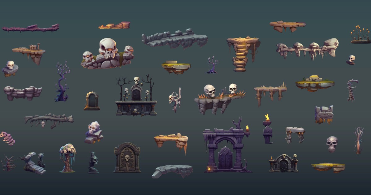 Animated 2D Skulls and bones cartoon stylized cemetery platformer vol.3 ...