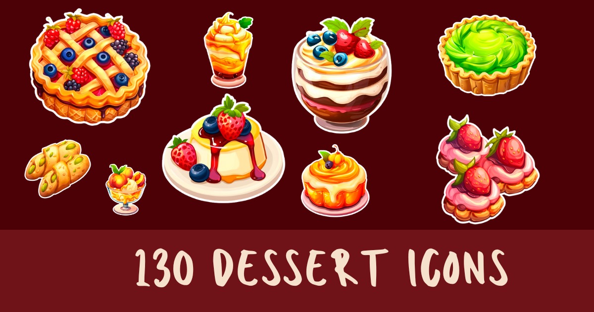 130 Dual-Style Dessert Icons - Transparent 2D Outlined & Solid Treats ...