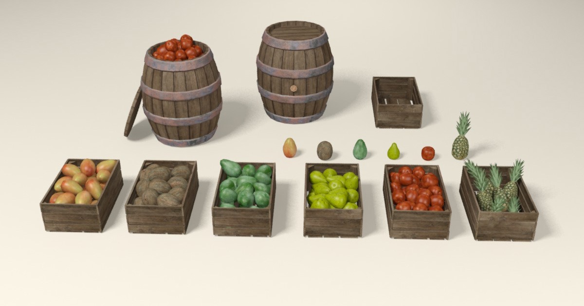 Tropical fruit crates and barrels | 3D Food | Unity Asset Store