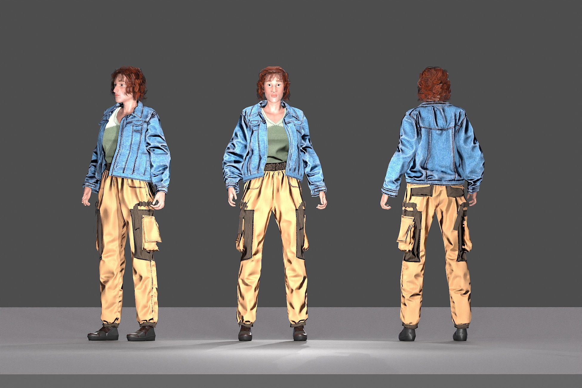 Woman with red hair in jeans jacket and cargo pants | Characters ...