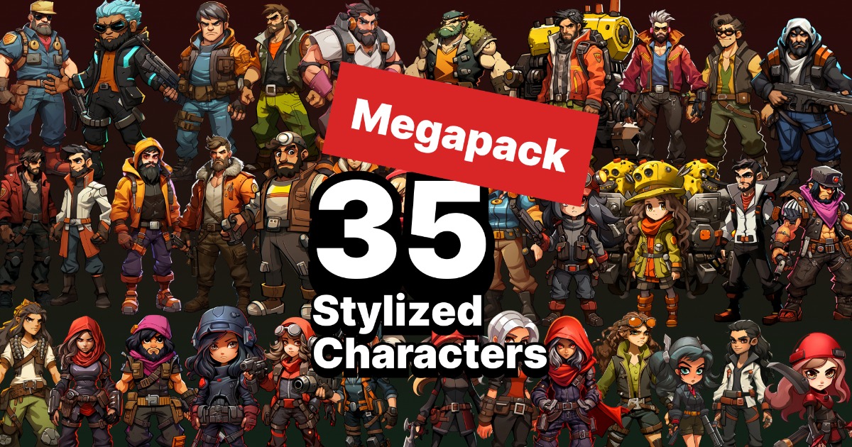 35 stylized male and female fantasy cartoon tech characters drawn style ...