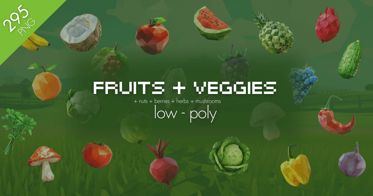 Low-Poly Fruits & Veggies Icon Pack - 295 Transparent 2D Assets | 2D ...