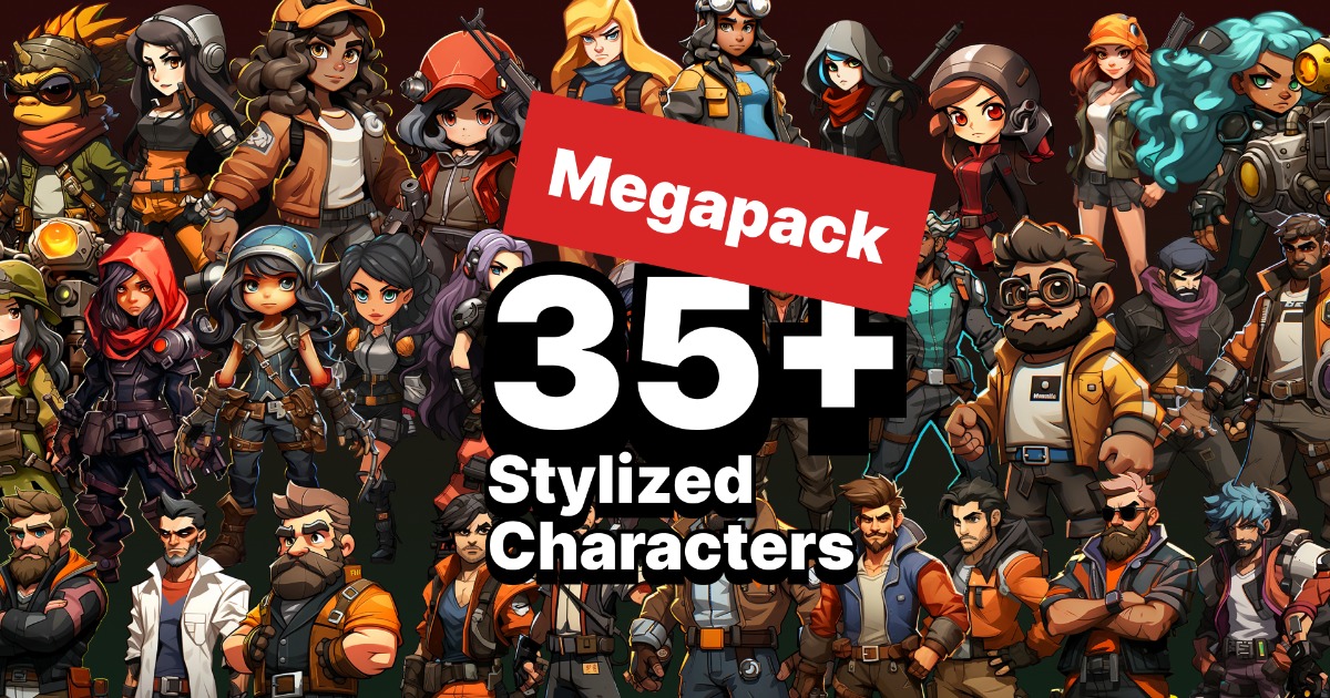 37 stylized male and female fantasy cartoon tech characters drawn style ...