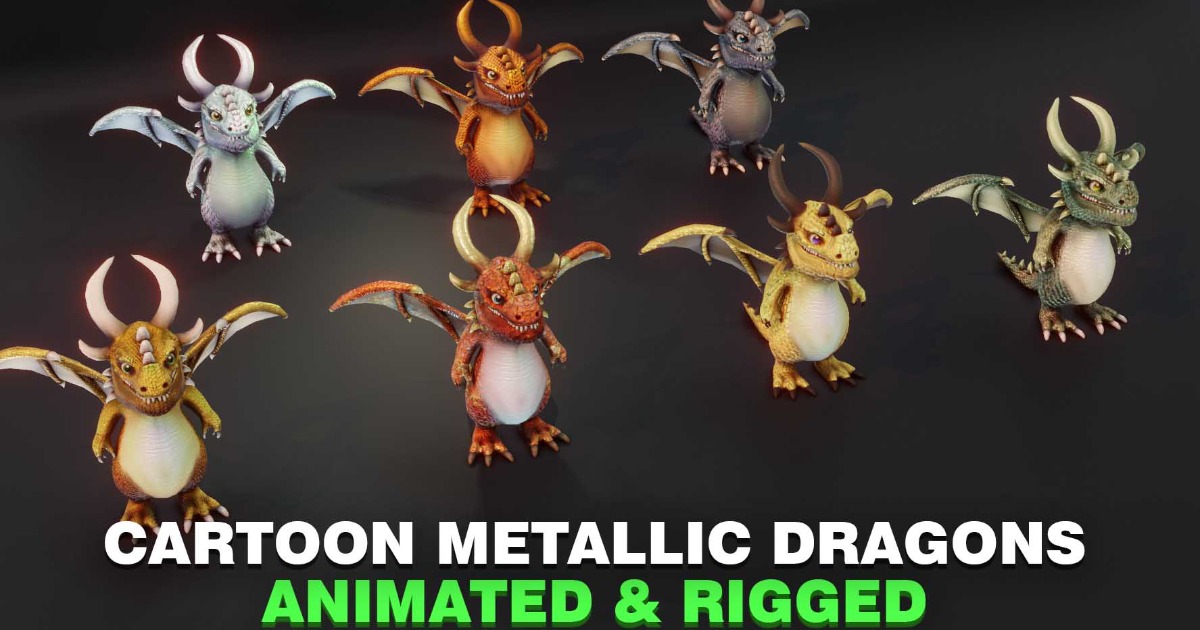 Cartoon Metallic Dragons Pack (Low-Poly, Game-Ready, Animated, Built-In ...