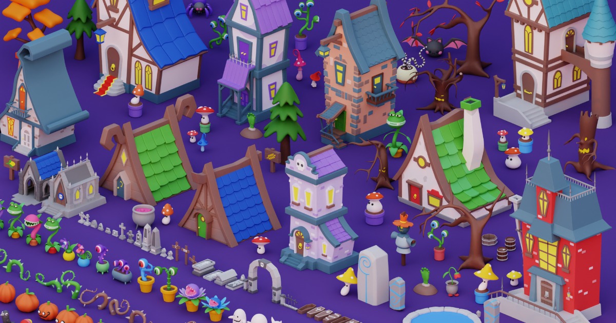 Cozy Cartoon Halloween 3D Asset Pack: Spooky Props, Creatures ...