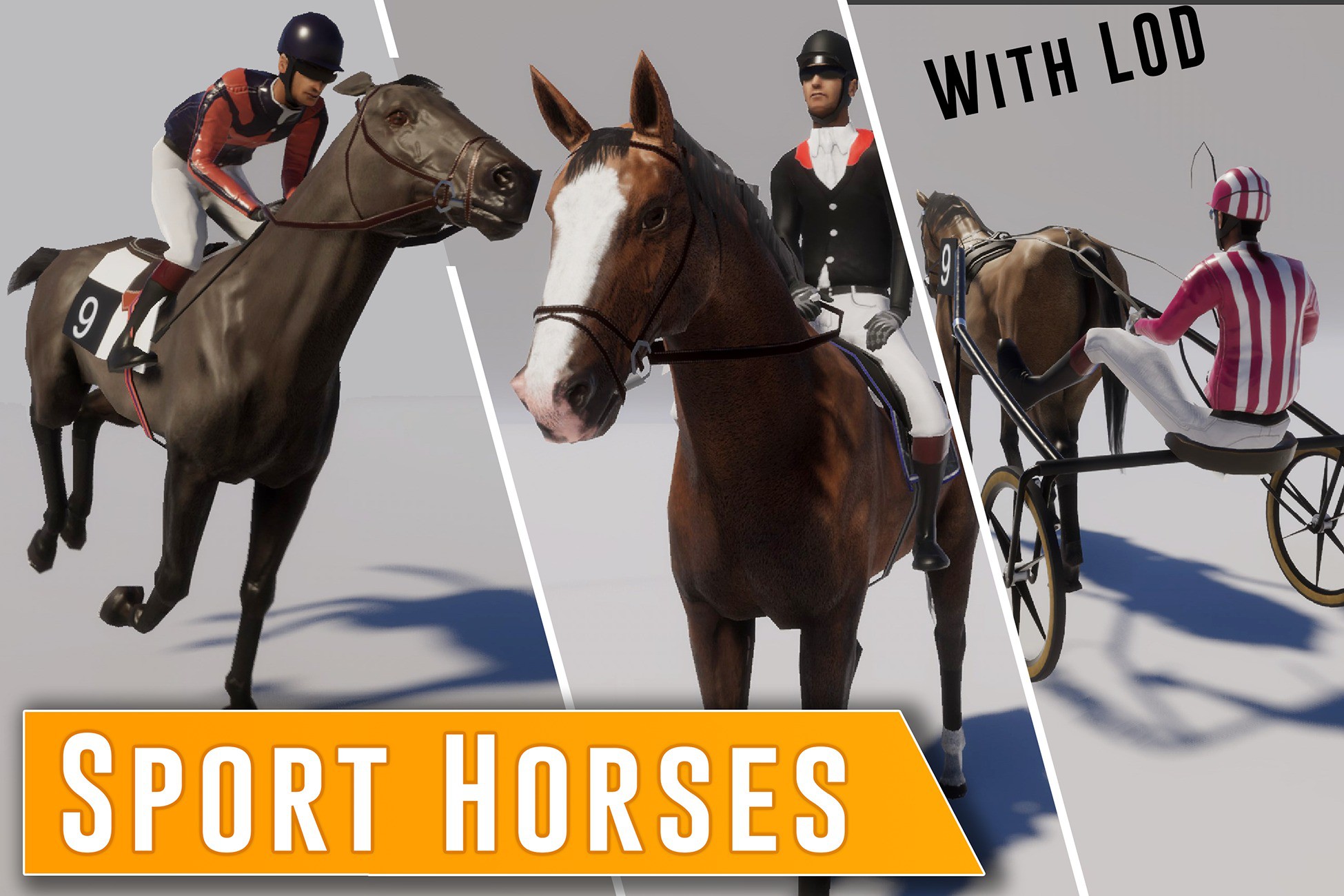 Sport Horses with jockey, rider, sulky | Characters | Unity Asset Store