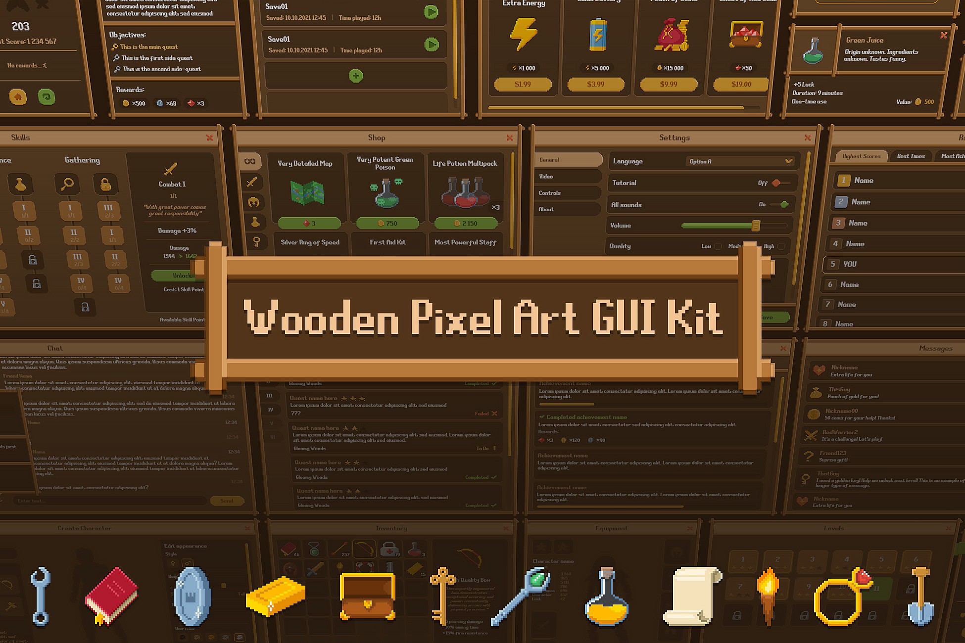Wooden Pixel Art GUI / UI Kit - over 750 PNG! | 2D GUI | Unity Asset Store