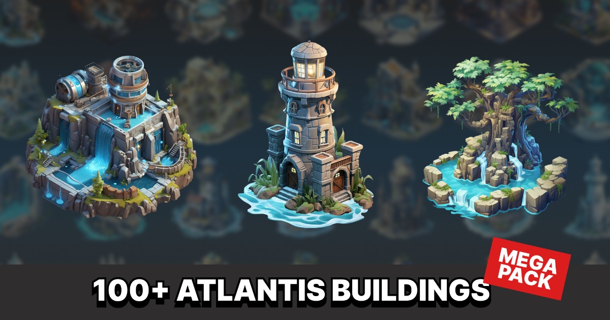 2D Atlantis Stylized hand painting fantasy isometric environment ...