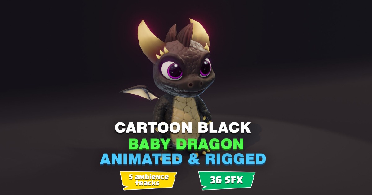 Cartoon Black Baby Dragon 3D Model (Low-Poly, Game-Ready, Animated ...