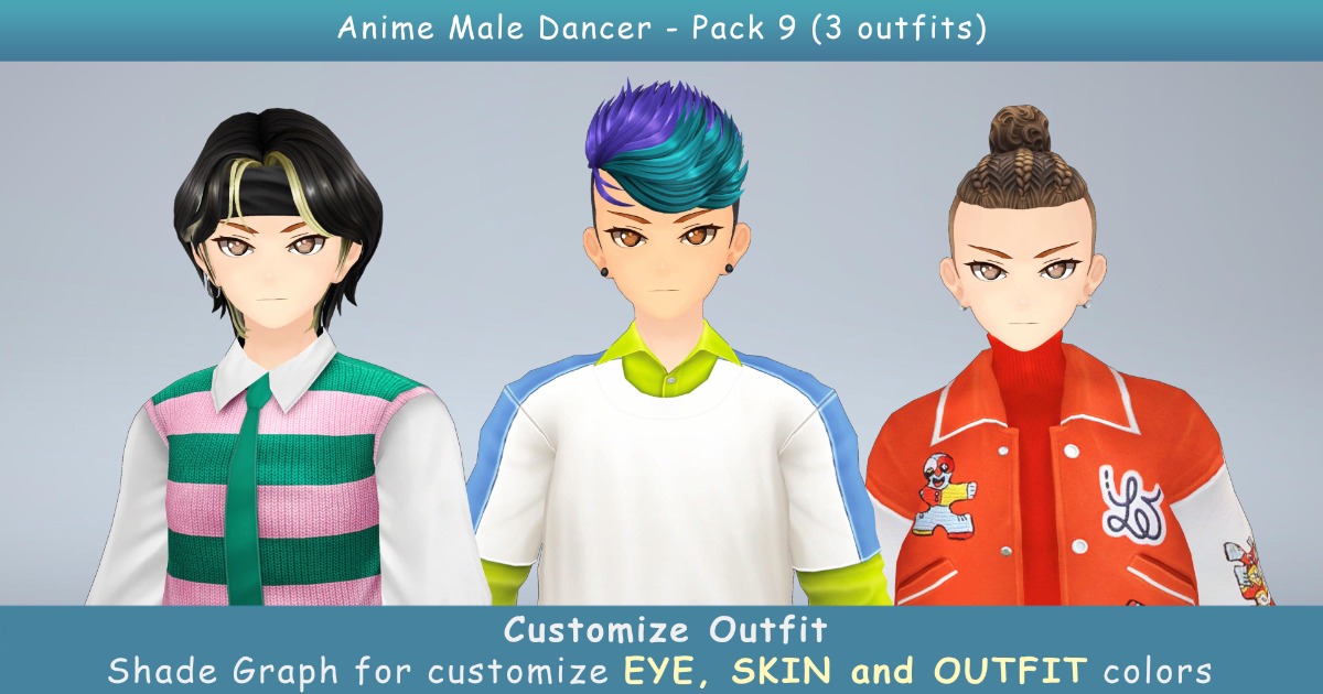 Anime Male Dancer - Pack 9 (3 outfits) | Characters | Unity Asset Store