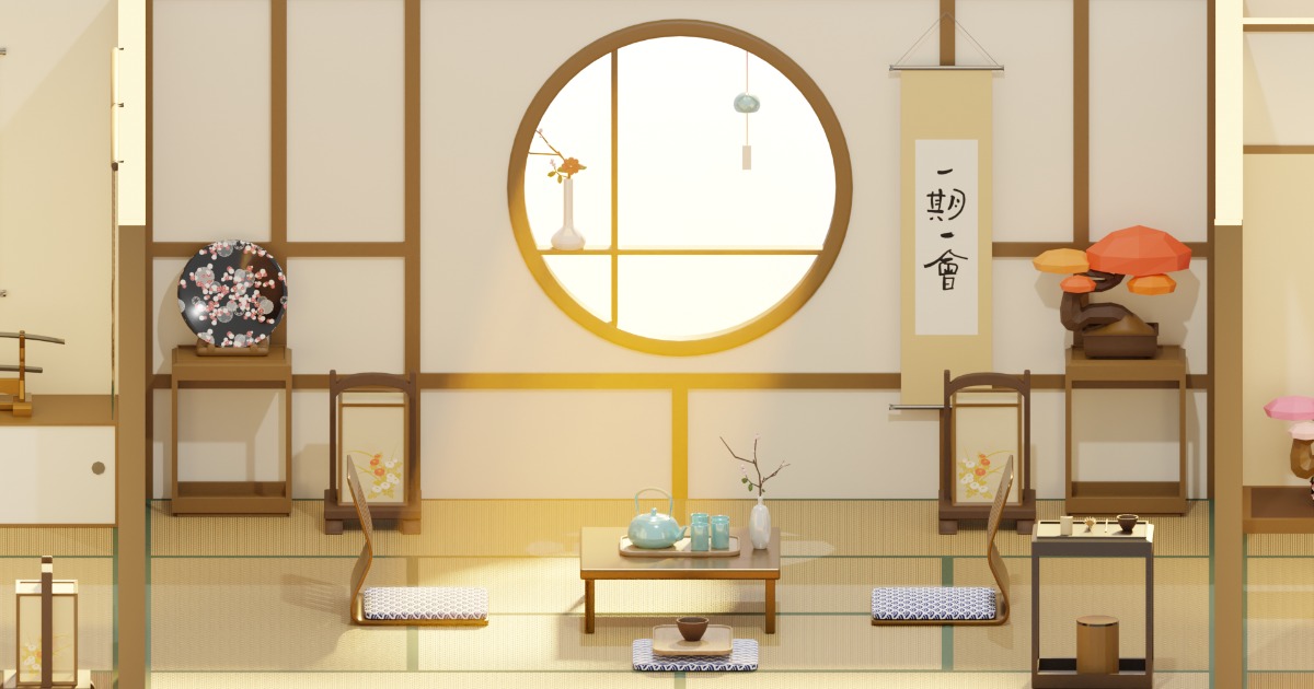 3D Stylized Japanese Tea House Living Room Interior Furniture | 3D ...