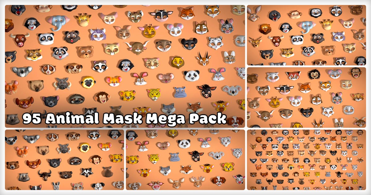 95 Animal Mask Mega Pack - Kids Masks Low Poly - Stylized Toon Animal ...