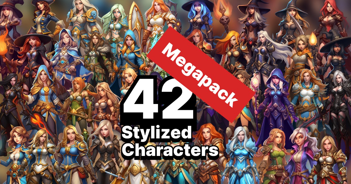 42 unique fantasy cartoon stylized female characters in full body drawn ...