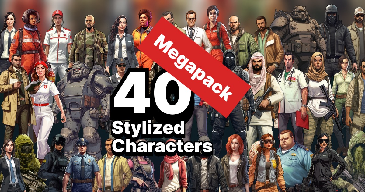 40 unique stylized characters in full body drawn style. Military ...