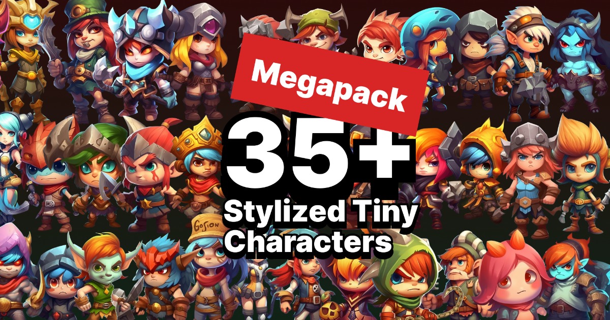 Tiny fantasy cartoon stylized male and female characters drawn style ...