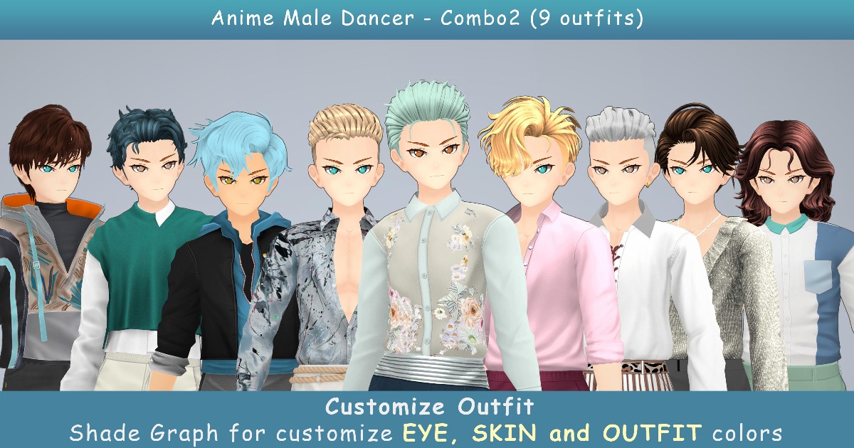Anime Male Dancer - Combo 2 (9 outfits) | Characters | Unity Asset Store