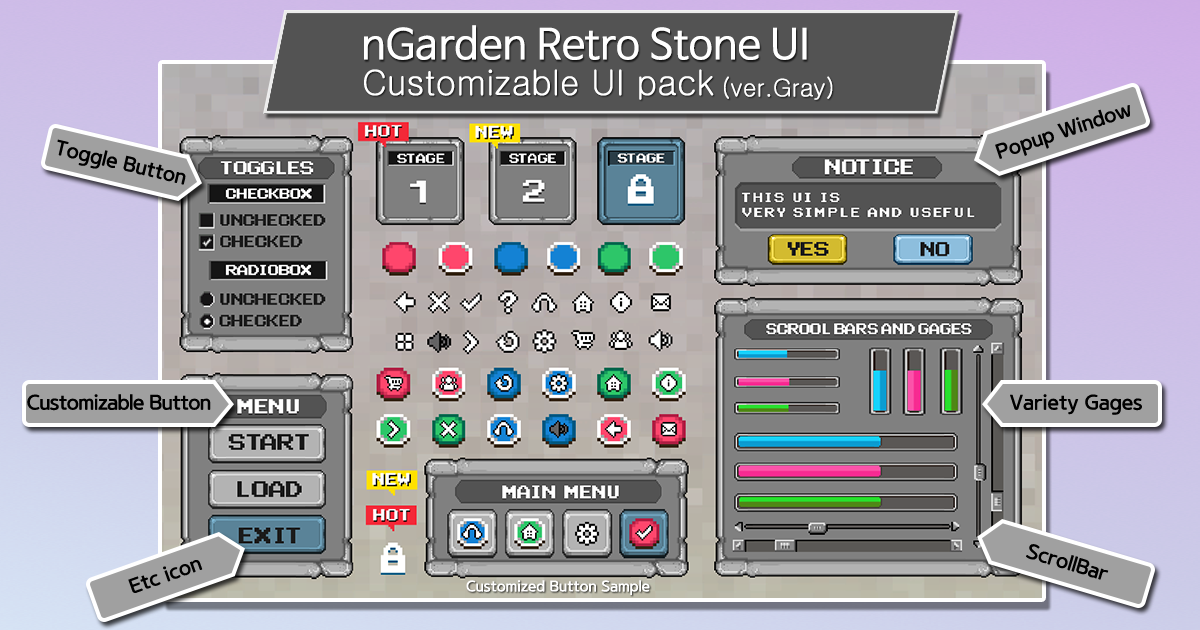 nGarden Retro Stone UI (Gray) | 2D GUI | Unity Asset Store