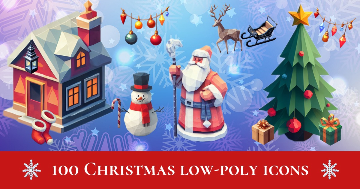 2D Low-Poly Christmas Pack - 100 Icons with Transparent Background | 2D ...