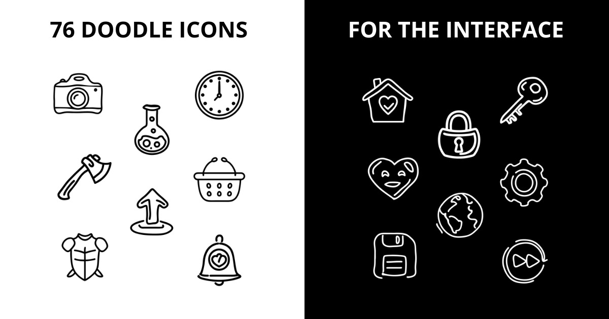 76 Doodle Icons for Game Interfaces - 2D Assets in Black and White | 2D ...