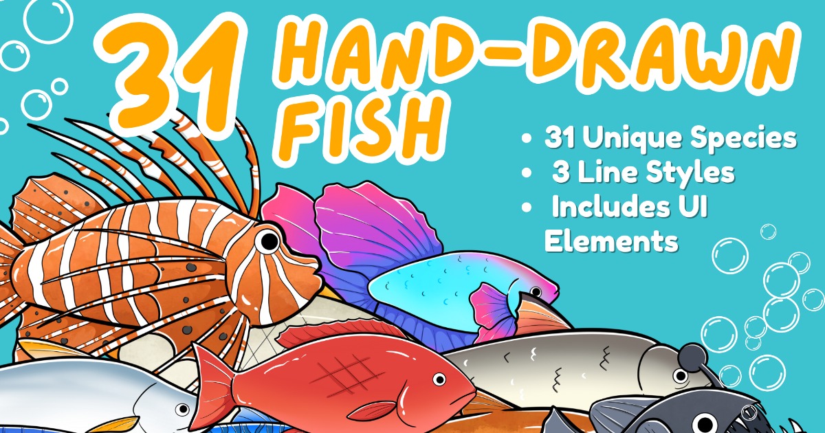 31 Unique Hand-Drawn Fish Pack – 3 Line Styles (2K PNGs) | 2D ...