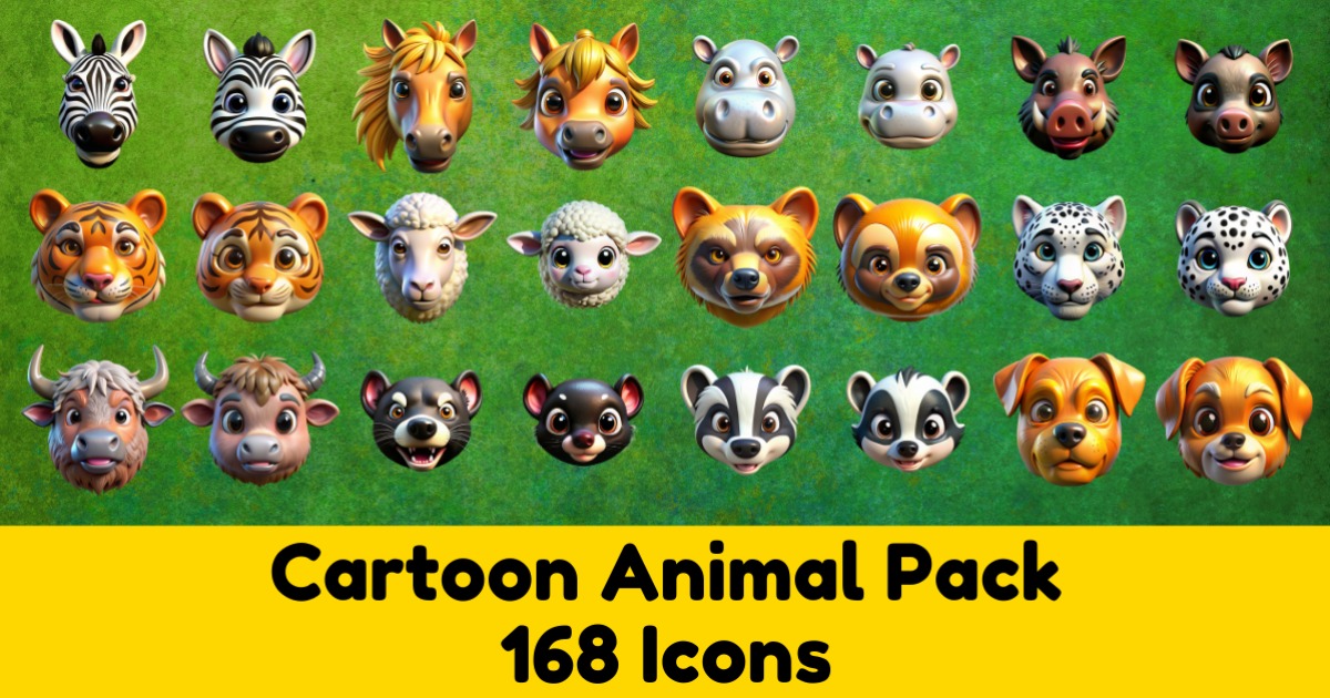 168 Animal Icons Pack – Cartoon Style, Transparent Background | 2D ...