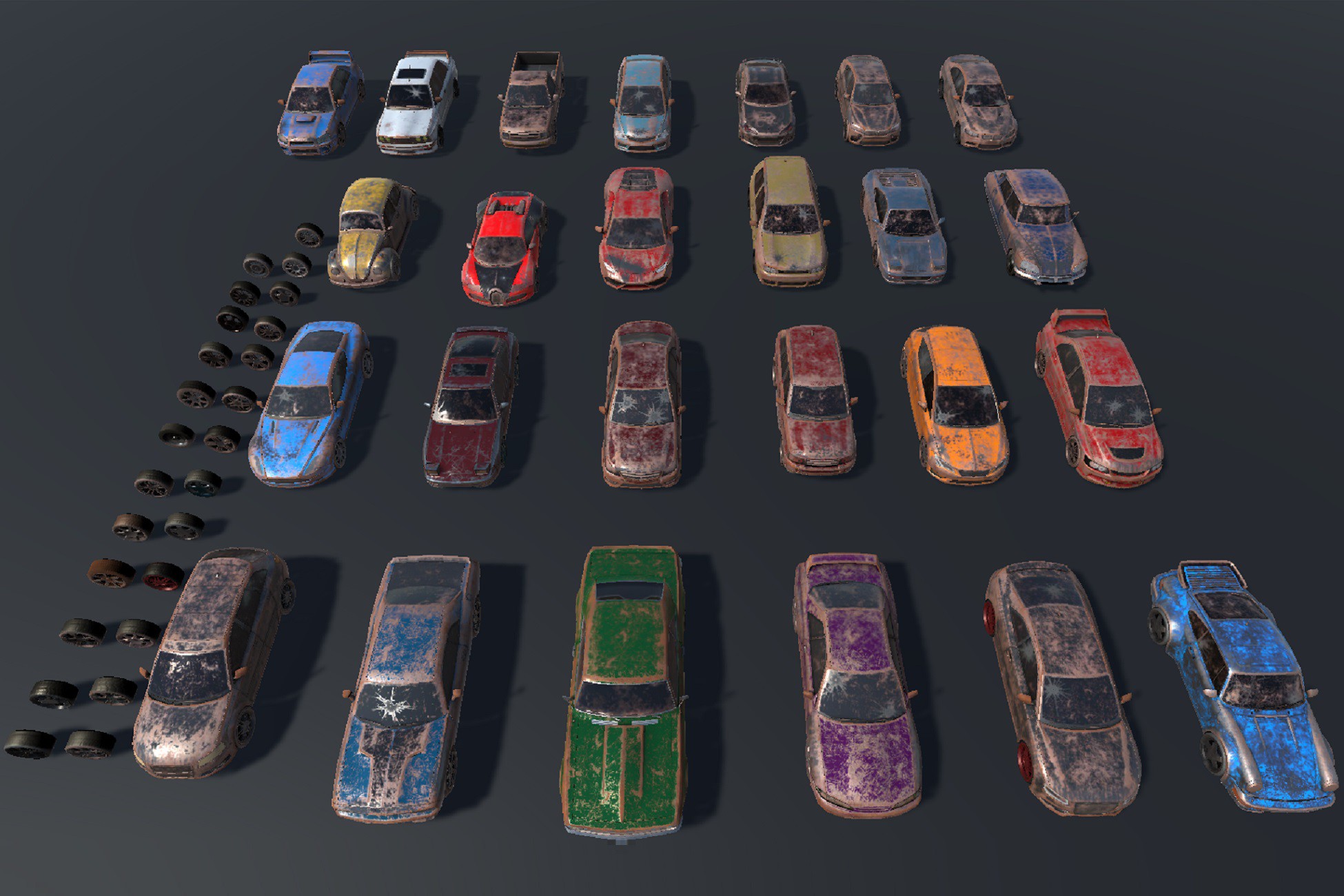 Pack Of wrecked rusted Low Poly 25 Sports Cars and 25 Rims PBR Textured ...