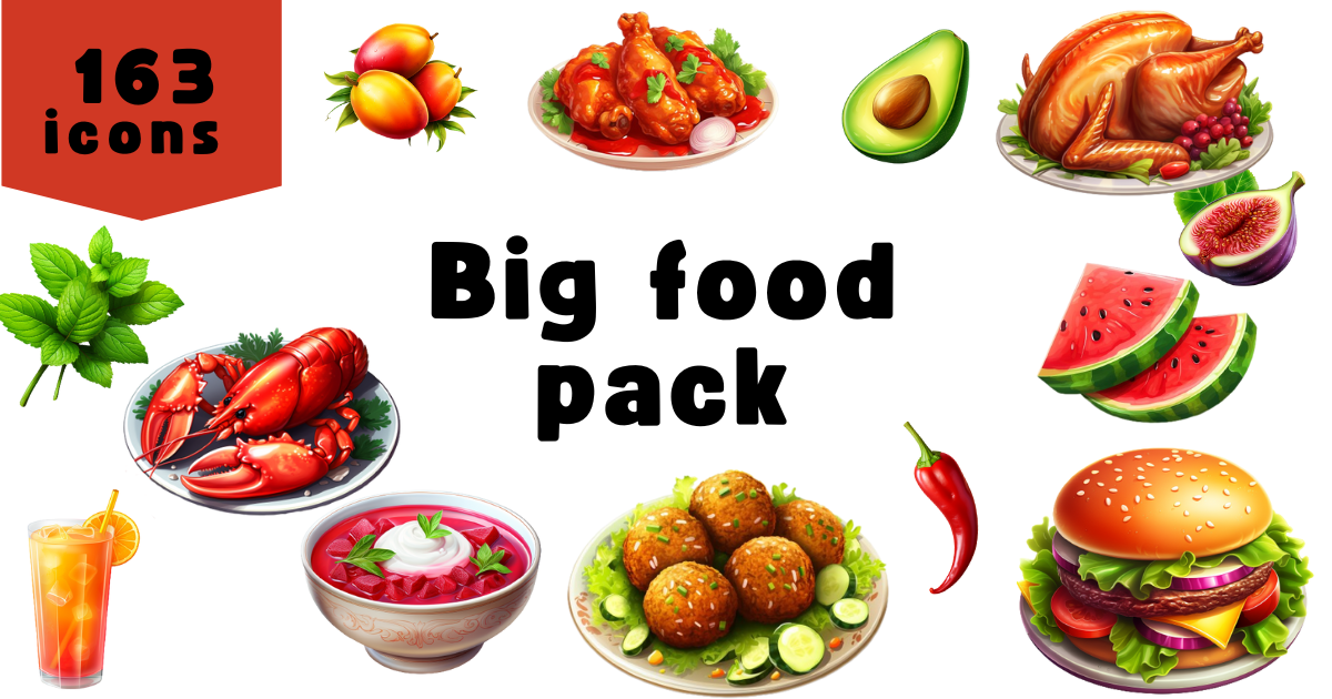 Big Food Set: 163 Icons of dishes, fruits and vegetables | 2D Icons ...