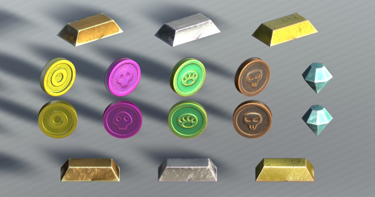 3D Game Currency Pack ( 4 Coins, Diamond and 3 Metal Bars) | 3D Props ...