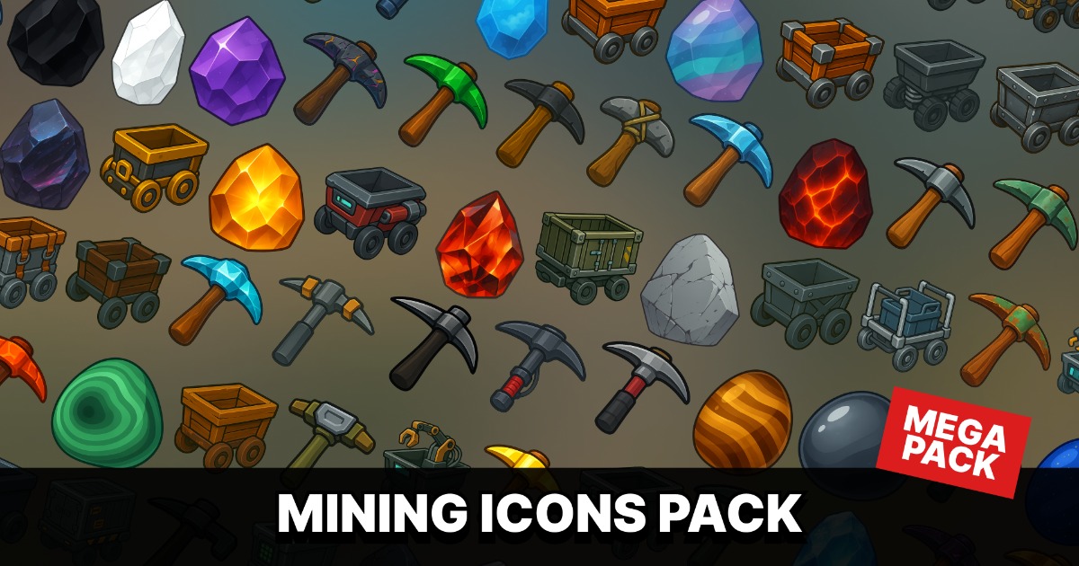 Mining Icons Pack – Pickaxes, Carts & Crystals for Resource Games | 2D ...