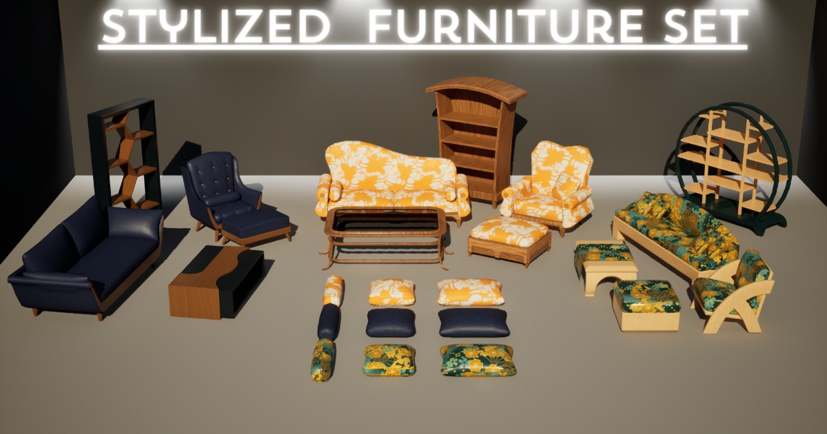 Stylized Furniture Set / Living Room Set | 3D Interior | Unity Asset Store