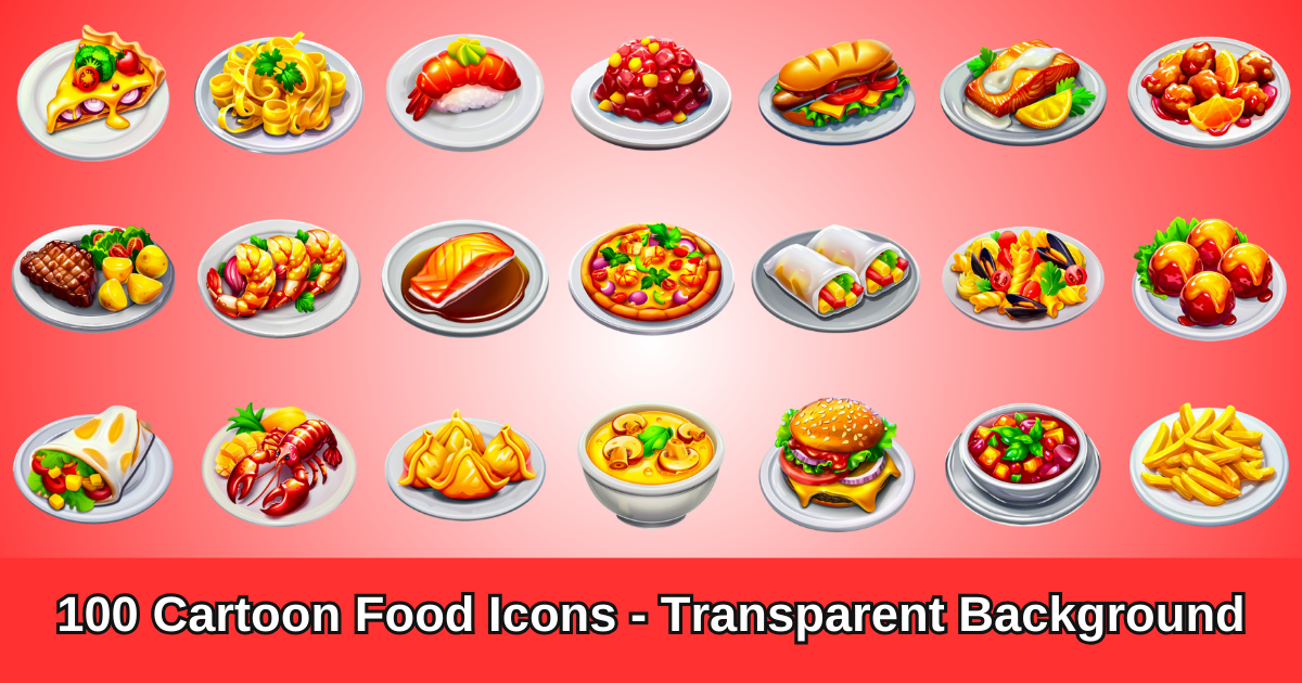 100 Cartoon Food Icons - Transparent Background | 2D Icons | Unity ...