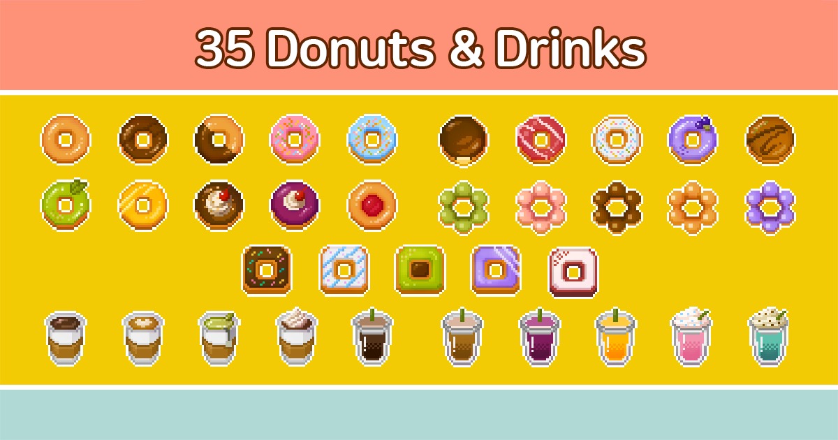 35 Pixel Art Donuts&Drinks - 32x32px | 2D Icons | Unity Asset Store