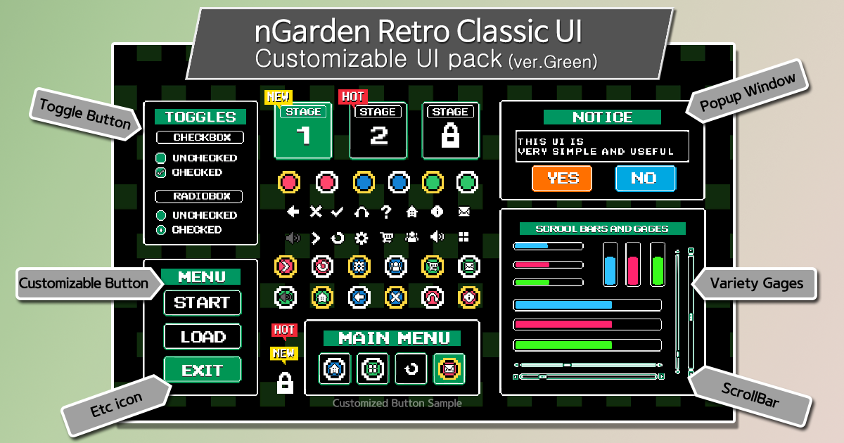nGarden Retro Classic UI (Green) | 2D GUI | Unity Asset Store