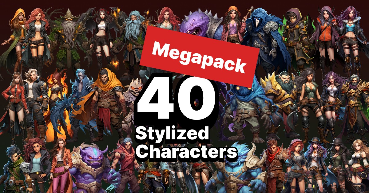 40 unique fantasy cartoon stylized male and female characters drawn ...